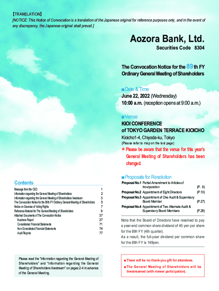 Fillable Online The Convocation Notice for the 89th FY Ordinary General ...