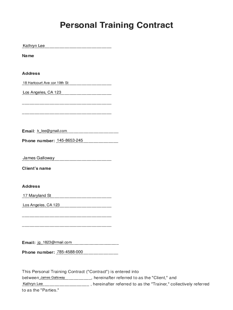 Fillable Online Personal Training Contract Template & SampleFree PDF ...