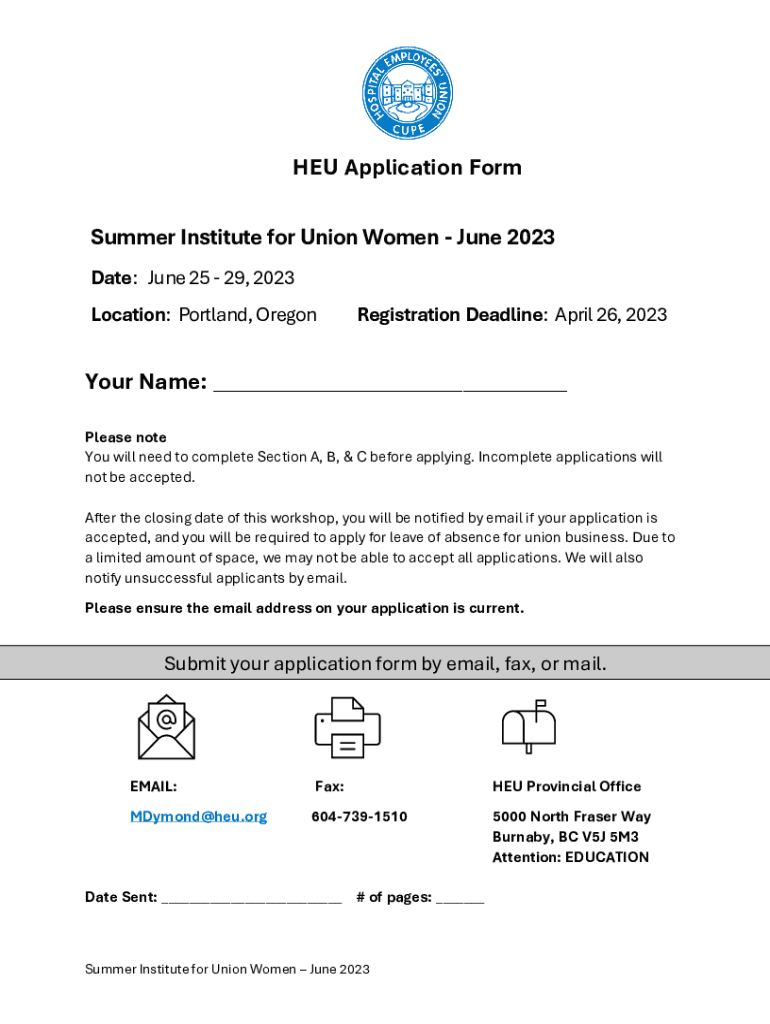 Fillable Online HEU Application Form Summer Institute for Union Women ...