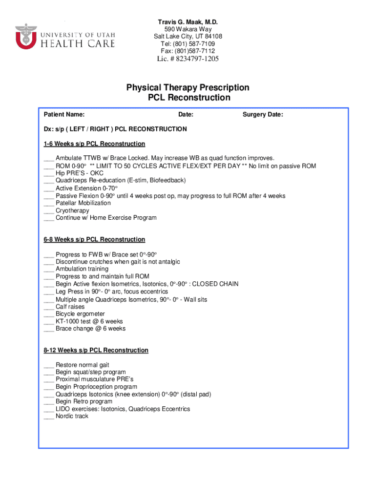 Fillable Online Physical Therapy Prescription PCL Reconstruction Fax ...
