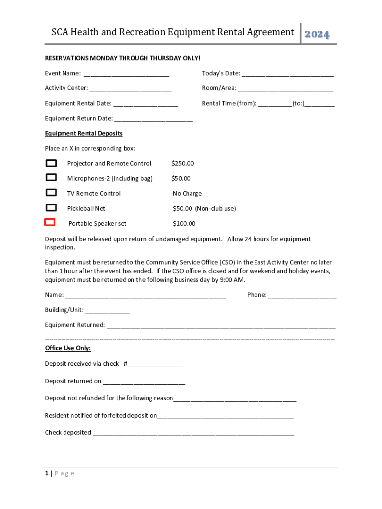 Fillable Online SCA Health and Recreation Equipment Rental Agreement ...