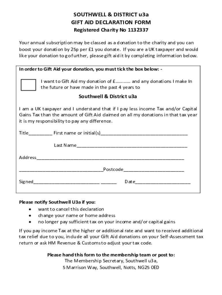 Fillable Online SOUTHWELL & DISTRICT u3a GIFT AID DECLARATION ... Fax ...