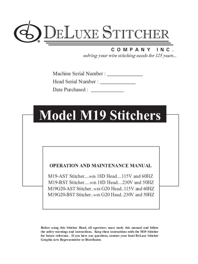 Fillable Online DeLuxe Stitcher M19 Series Operation And Maintenance ...