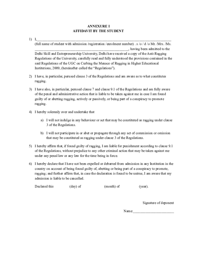 Fillable Online Affidavit by The Student: (Full Name of Student With ...