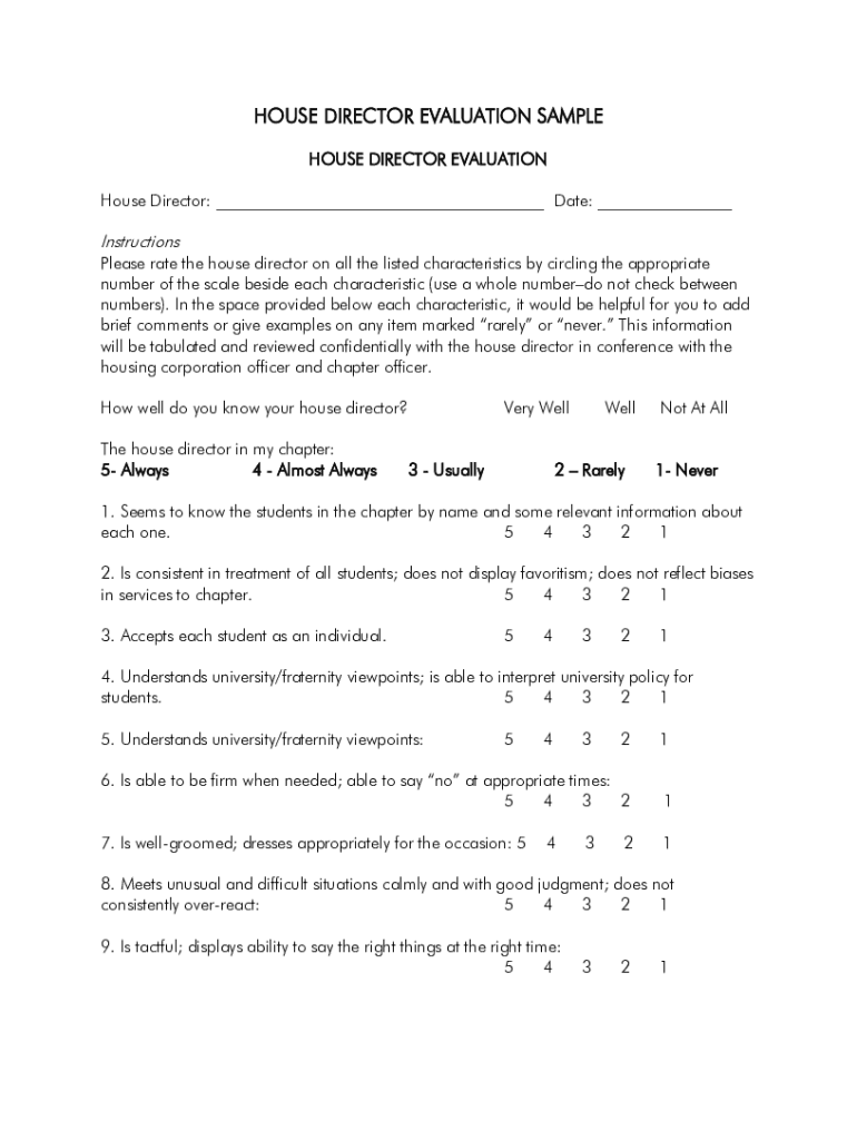Fillable Online HOUSE DIRECTOR EVALUATION SAMPLE Fax Email Print ...