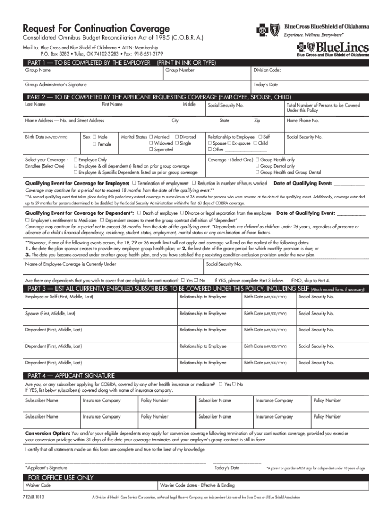 Fillable Online COBRA Request for Continuation of Coverage Form. COBRA Request for Continuation ...
