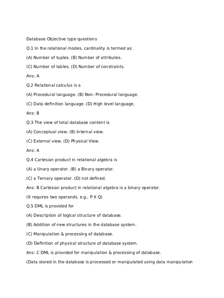 Solved In A Relational Database Model Cardinality Of A Relat Doc