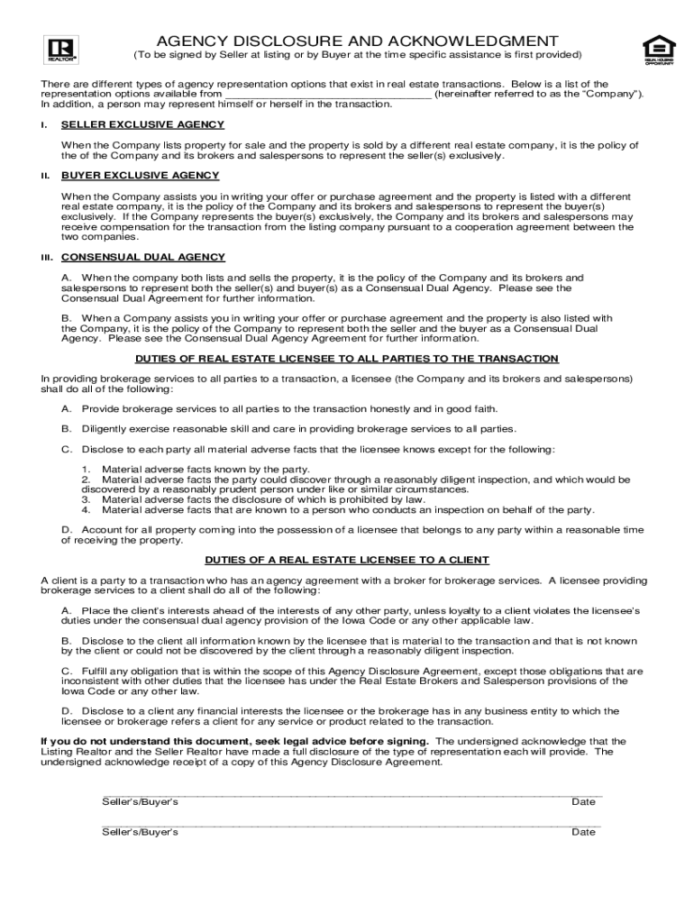 Fillable Online Iowa Agency Disclosure and Acknolwedgement Form Fax ...