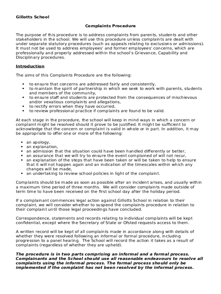 School Complaints: A Brief Guide for Parents and Carers Doc Template | pdfFiller