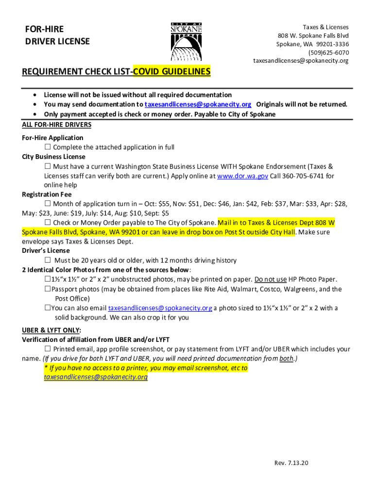 Fillable Online FOR HIRE DRIVER PACKET draft covid guidelines. FOR HIRE ...