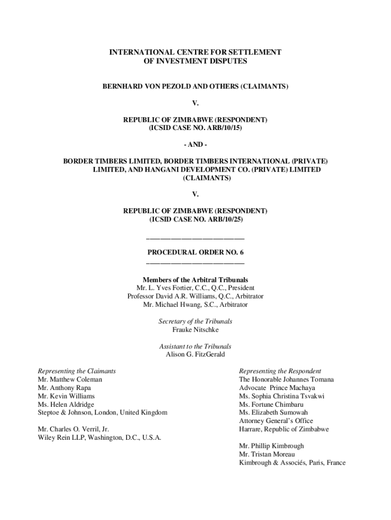 Fillable Online ICSID tribunal orders Zimbabwe to return expropriated ...