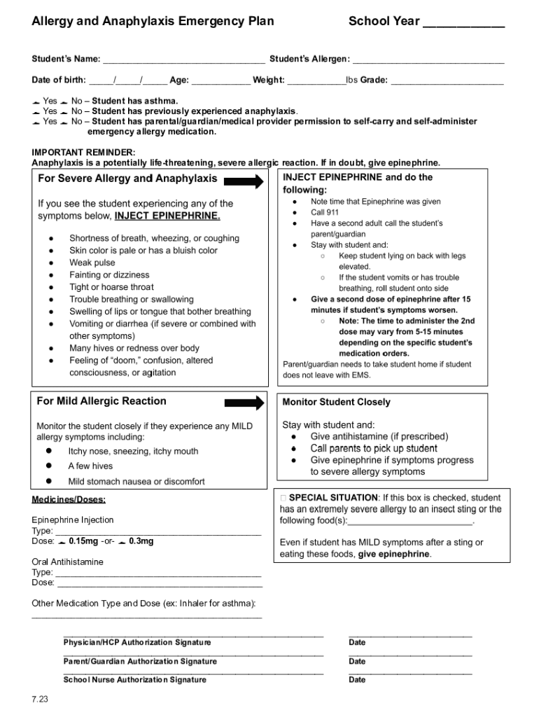 Fillable Online Allergy and Anaphylaxis Emergency Plan Form.docx Fax ...