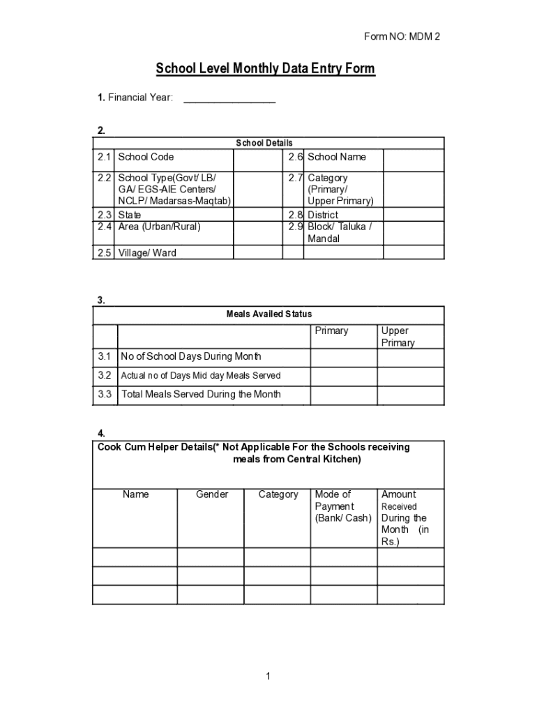 Fillable Online School Level Monthly Data Entry Form Fax Email Print ...