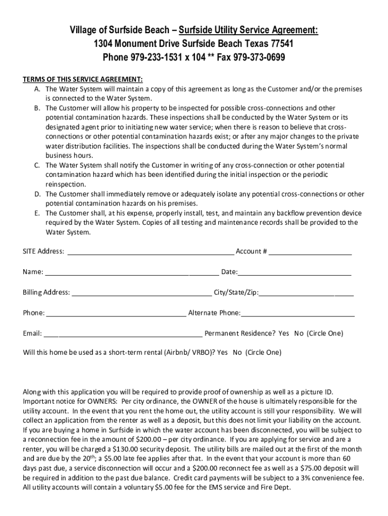 Fillable Online Surfside Utility Service Agreement: 1304 Monument Drive ...