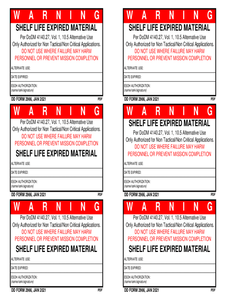 Fillable Online DD Form 2966, Shelf Life Expired Material (sticker ...