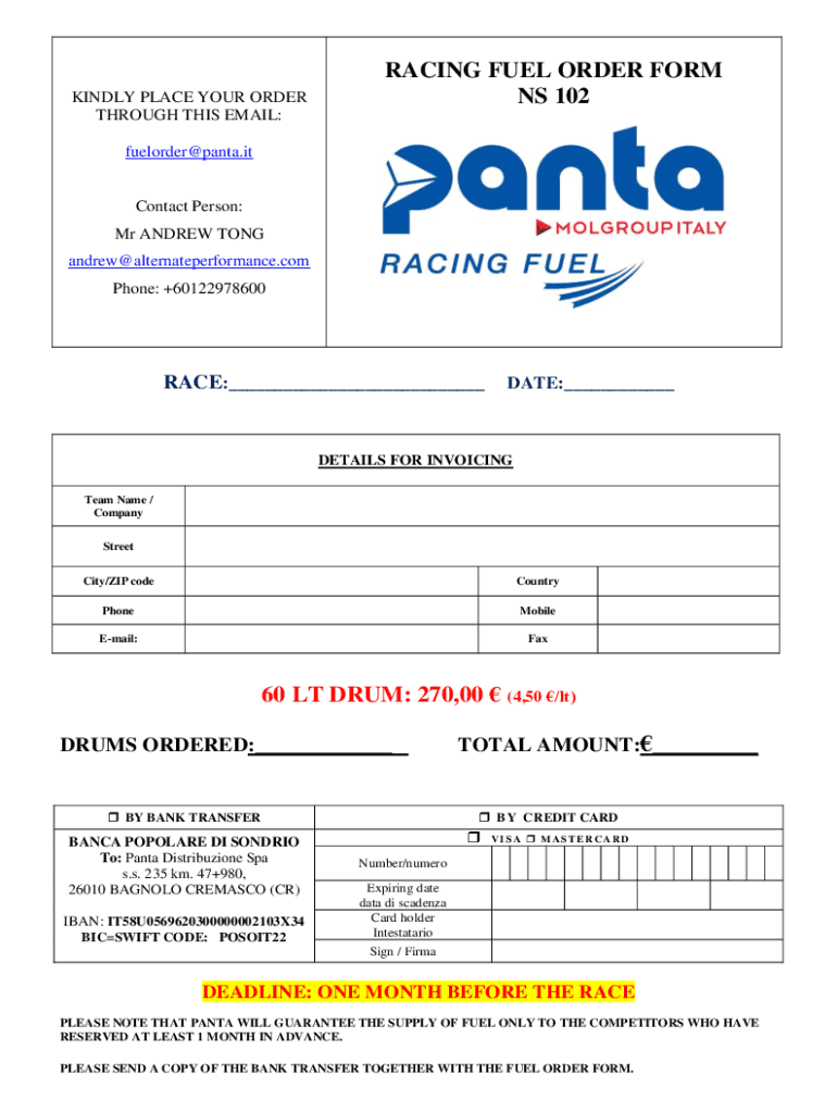 Fillable Online RACING FUEL ORDER FORM NS 102 60 LT DRUM Fax Email ...