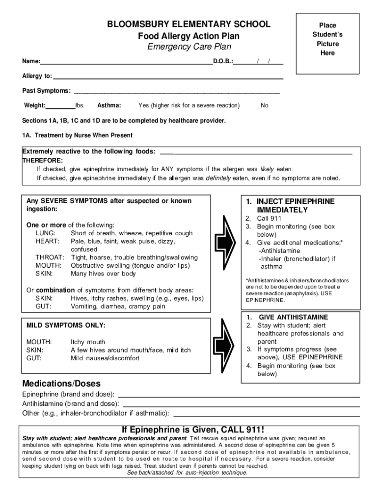 Fillable Online Emergency Care Plan - Food Allergy Fax Email Print ...