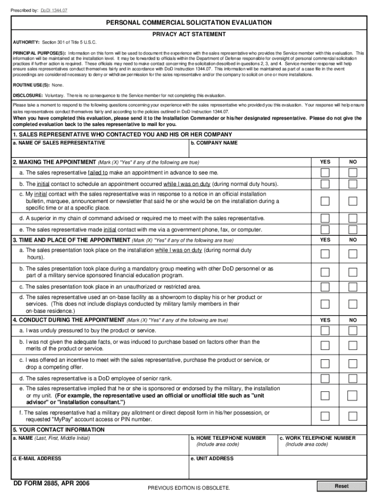 Fillable Online DD Form 2885, "Personal Commercial Solicitation ...