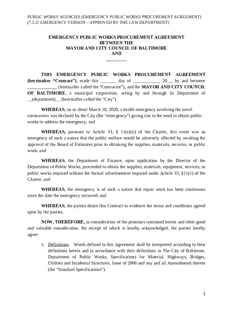 EMERGENCY PROCUREMENT AGREEMENT - Baltimore City Law ... Doc Template | pdfFiller