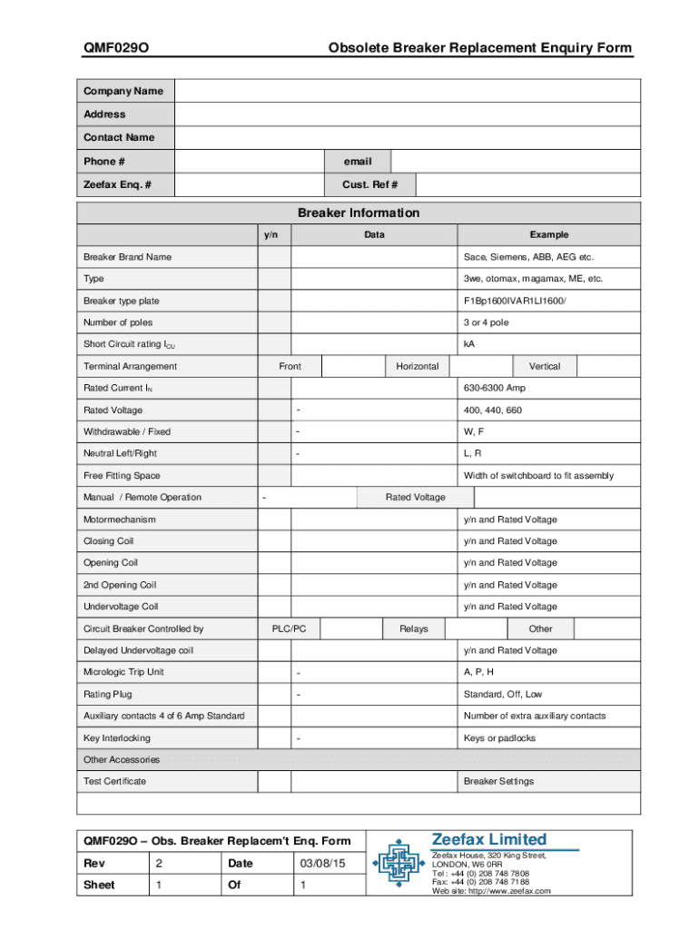 Fillable Online QMF029O Obsolete Breaker Replacement Enquiry Form Fax ...