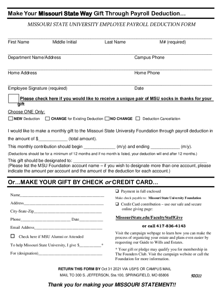 Fillable Online Make Your Missouri State Way Gift Through Payroll ...
