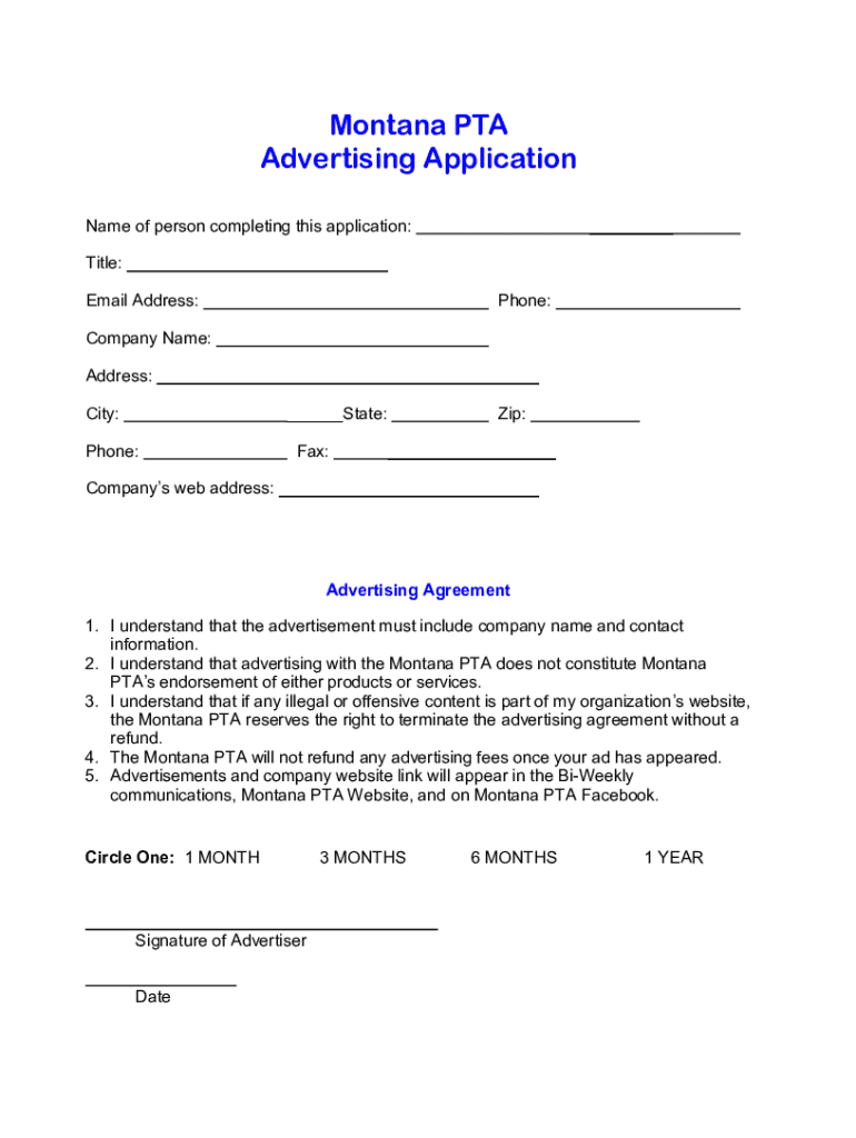 Fillable Online Montana PTA Advertising Application Fax Email Print ...