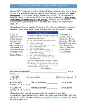 EOC TEsting option for scholar diploma designation Doc Template | pdfFiller