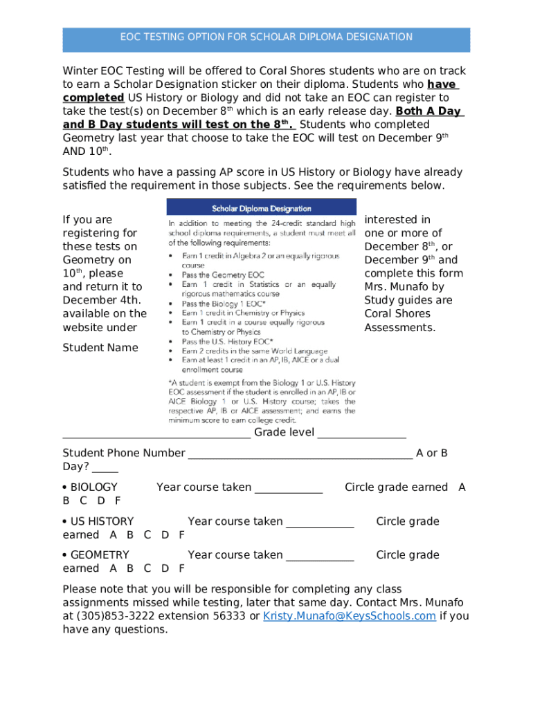EOC TEsting option for scholar diploma designation Doc Template | pdfFiller