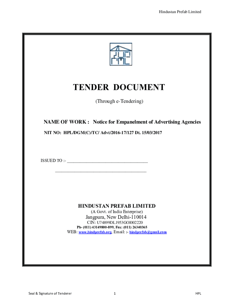 Fillable Online Seal & Signature of Tenderer 1 HPL Date and time of ...