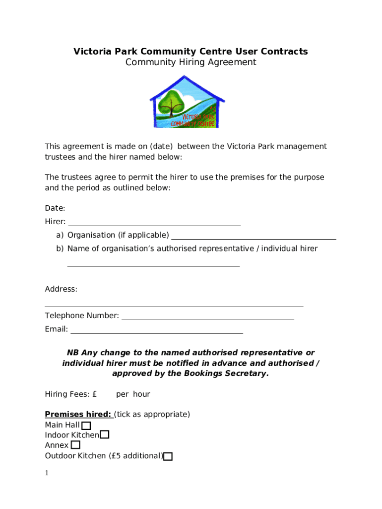 Victoria Park Community Centre User Contracts Doc Template | pdfFiller