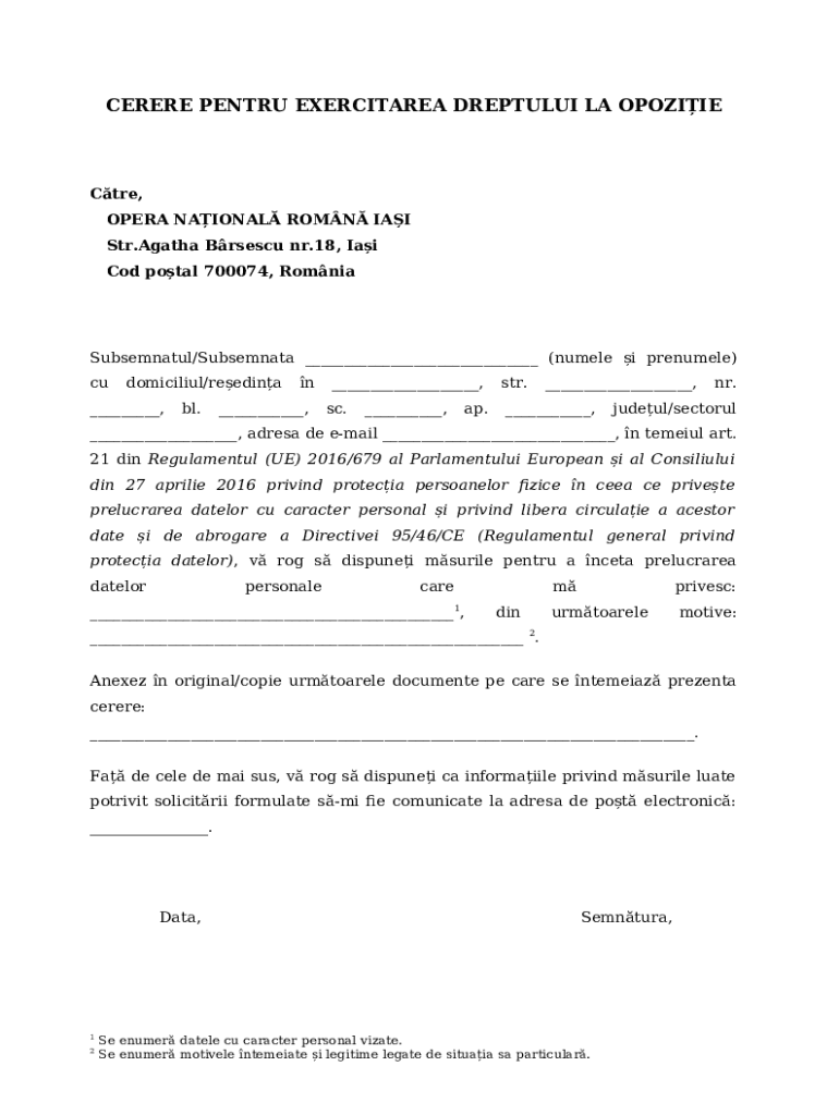 cerere pentru exercitarea dreptului la opoziie Doc Template | pdfFiller
