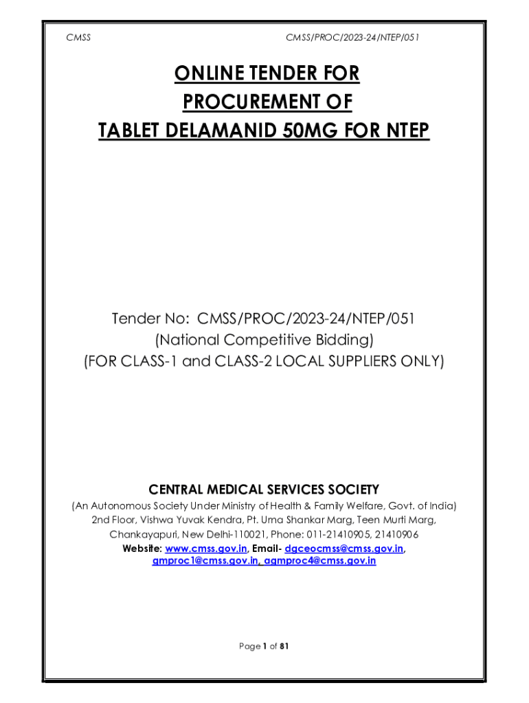 Fillable Online Tender for Procurement of Tablet Delamanid 50mg for ...