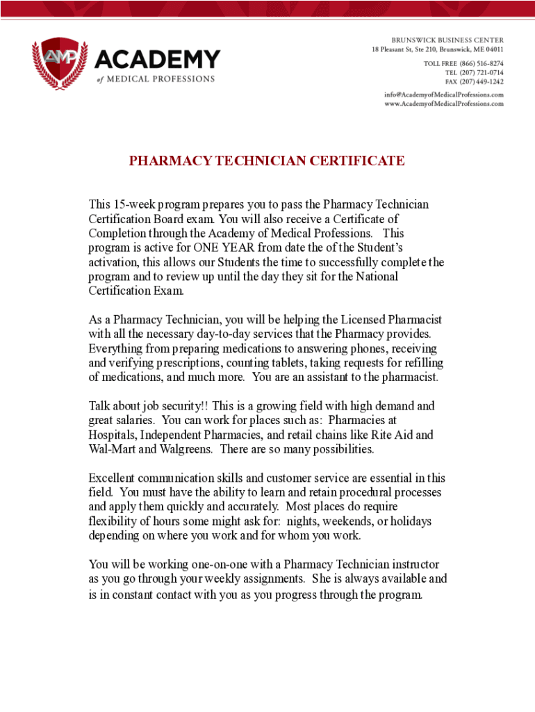 Fillable Online Pharmacy Technician Certificate - Career Certificate ...