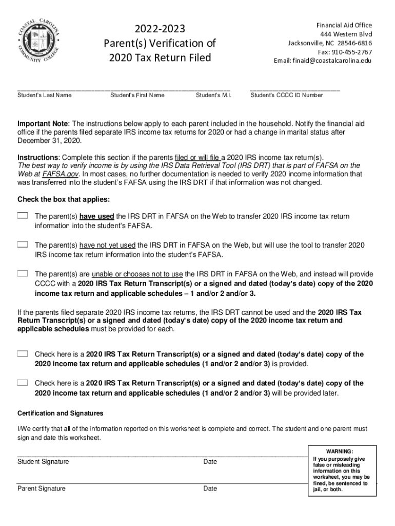 Fillable Online 2022-2023 Parent(s) Verification of 2020 Tax Return ...
