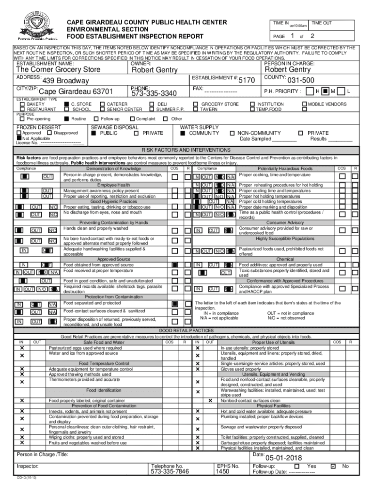 Fillable Online October 2016 Food Establishment Inspection Report Fax ...