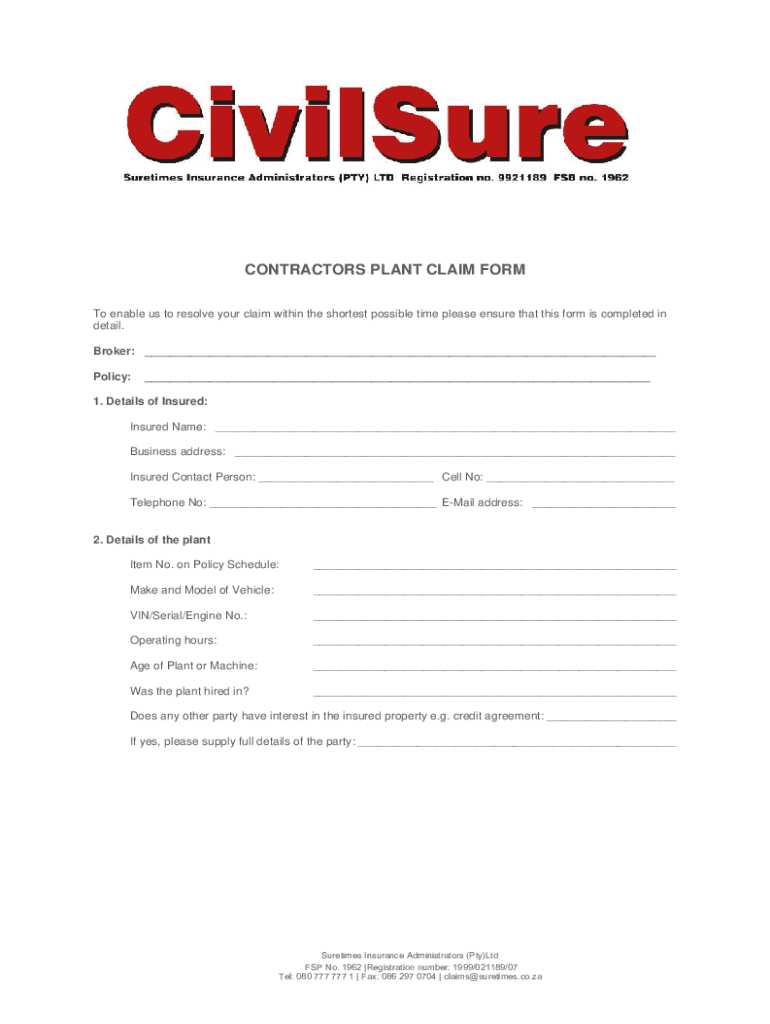 Fillable Online civilsure co Contractor's Plant & Machinery Insurance ...