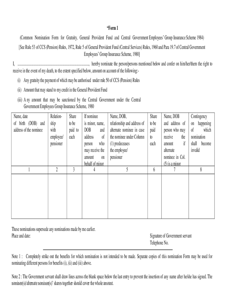 Fillable Online Form 1 (Common Nomination Form for Gratuity, General ...