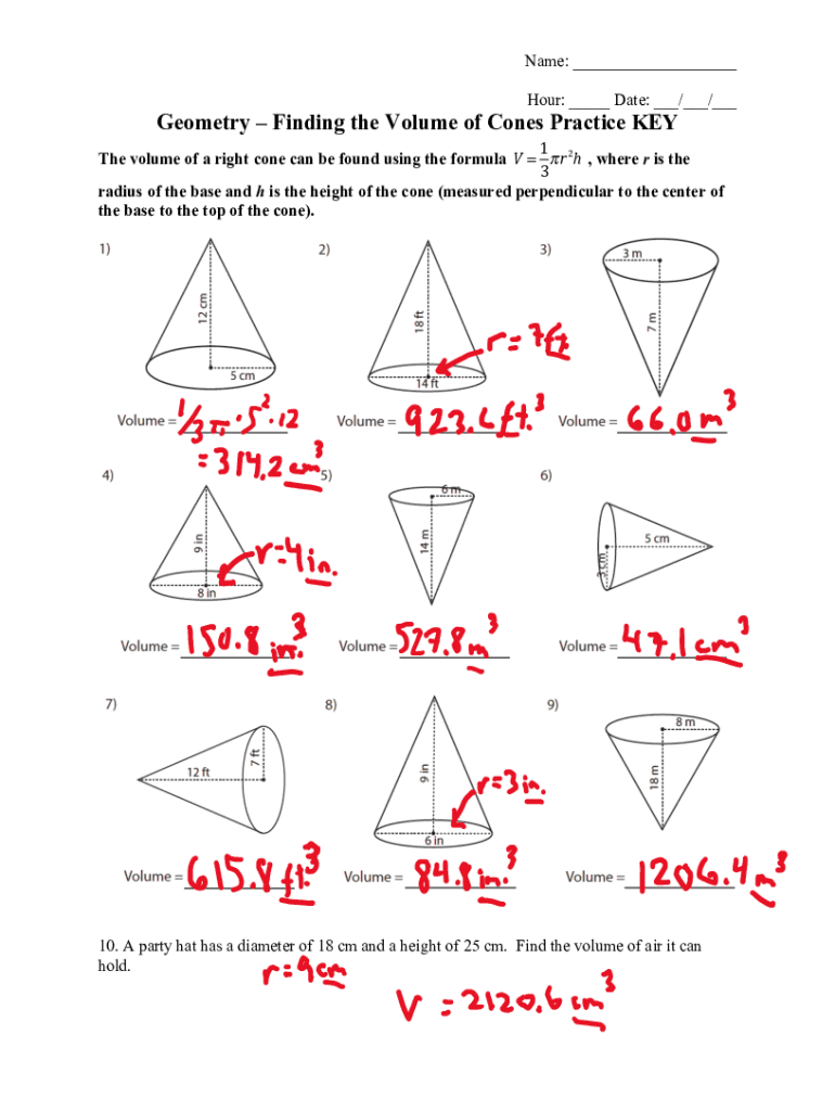Fillable Online Geometry 1Finding the Volume of Cones Practice KEY.docx ...