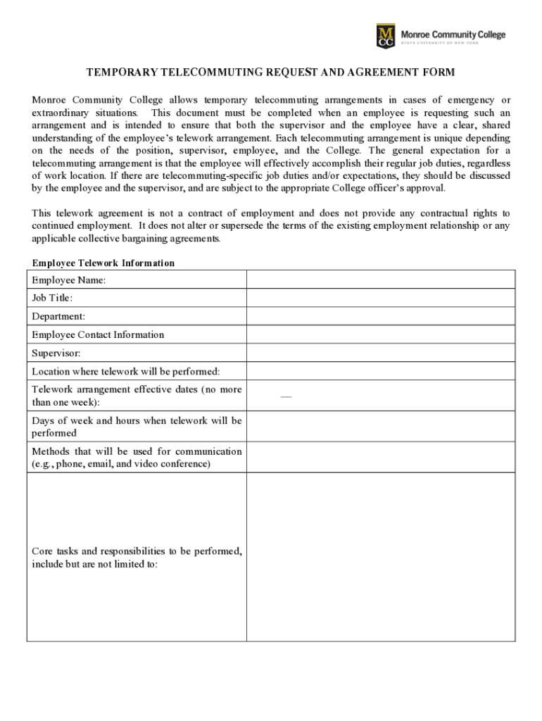 Fillable Online temporary telecommuting request and agreement form Fax ...