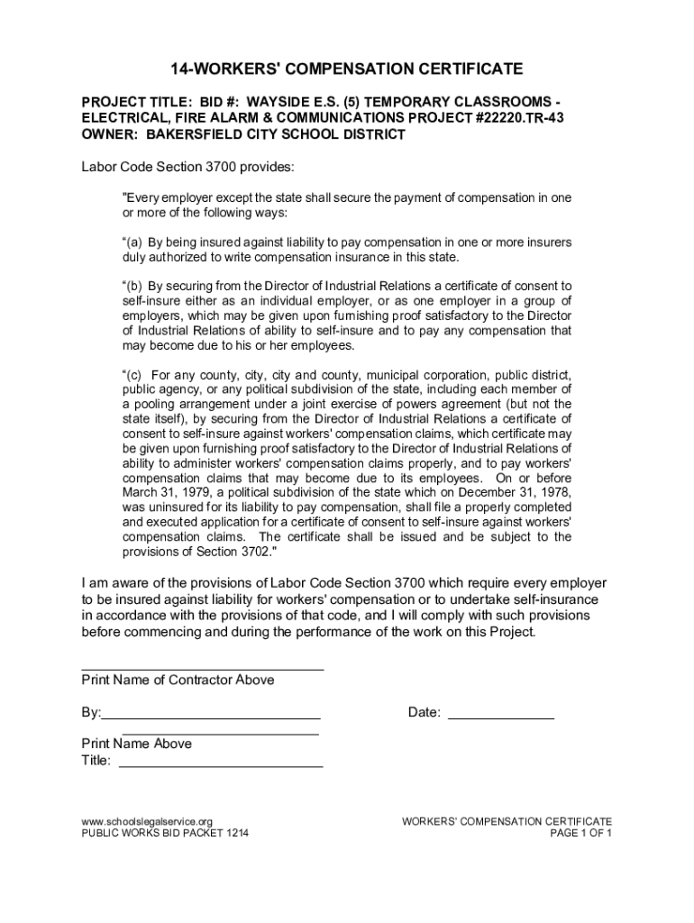 Fillable Online 14-WORKERS' COMPENSATION CERTIFICATE Fax Email Print ...