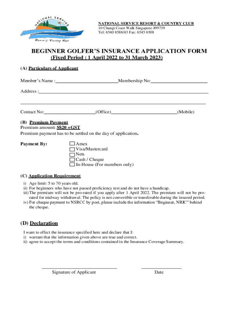 Fillable Online BEGINNER GOLFER'S INSURANCE APPLICATION FORM Fax Email ...