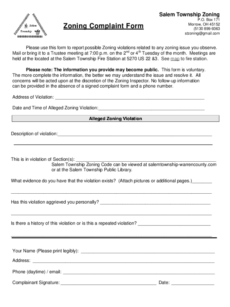 Fillable Online Zoning Complaint Form (PDF) Fax Email Print - pdfFiller