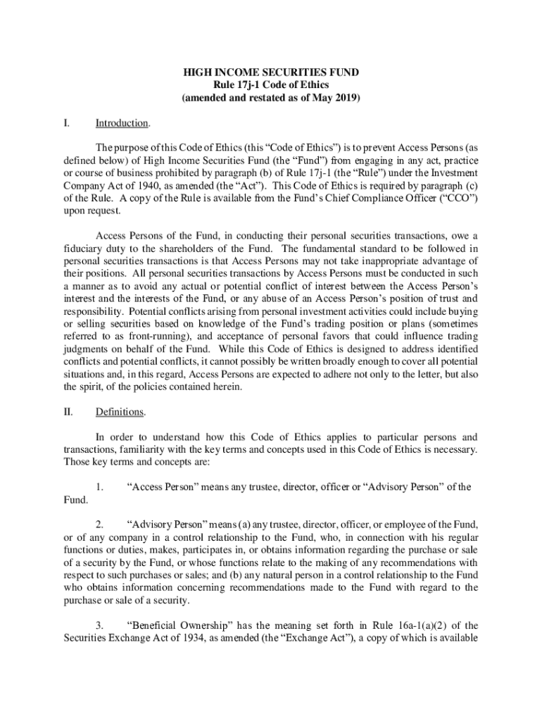Fillable Online Rule 17j-1 Code of Ethics (amended and restated as of ...