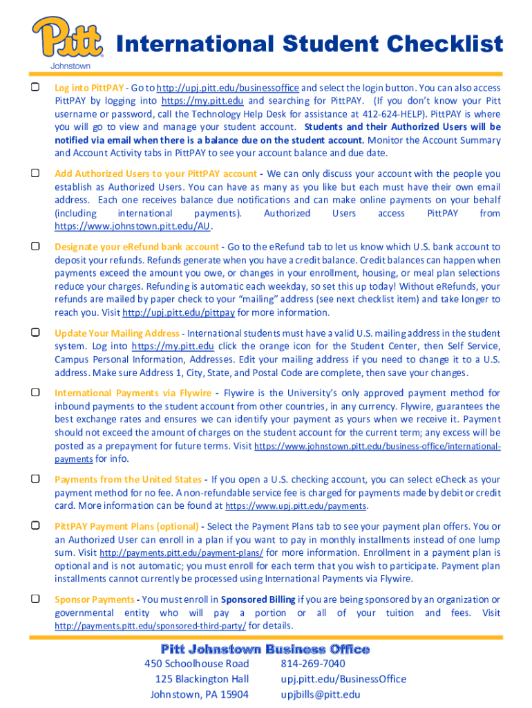 Fillable Online PittPAY Checklists - Student Payment Center Fax Email Print - pdfFiller