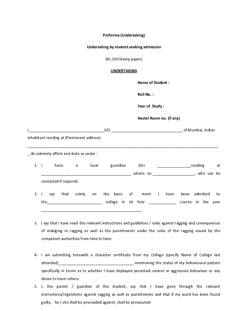 Fillable Online Undertaking by Students (On Rs- 10/- Non-Judicial Stamp ...