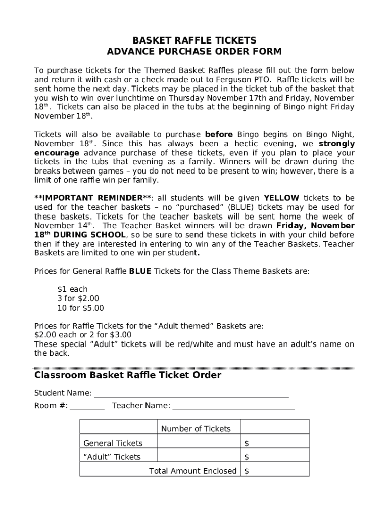 basket raffle tickets advance purchase order Doc Template | pdfFiller