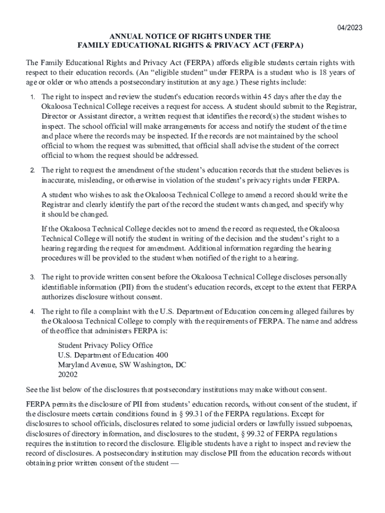 Fillable Online Family Educational Rights and Privacy Act (FERPA)District Fax Email Print ...
