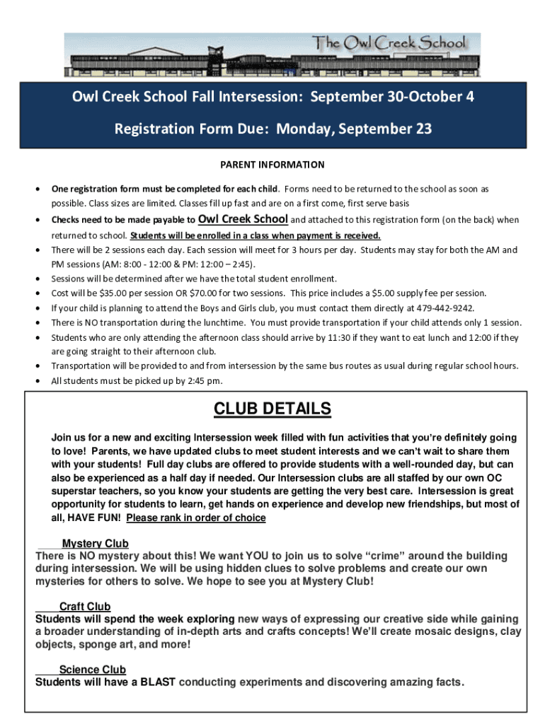Fillable Online CLUB DETAILS Owl Creek School Fall Intersession Fax ...