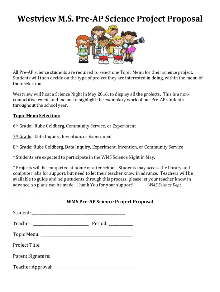 Fillable Online Westview M.S. Pre-AP Science Project Proposal Fax Email ...
