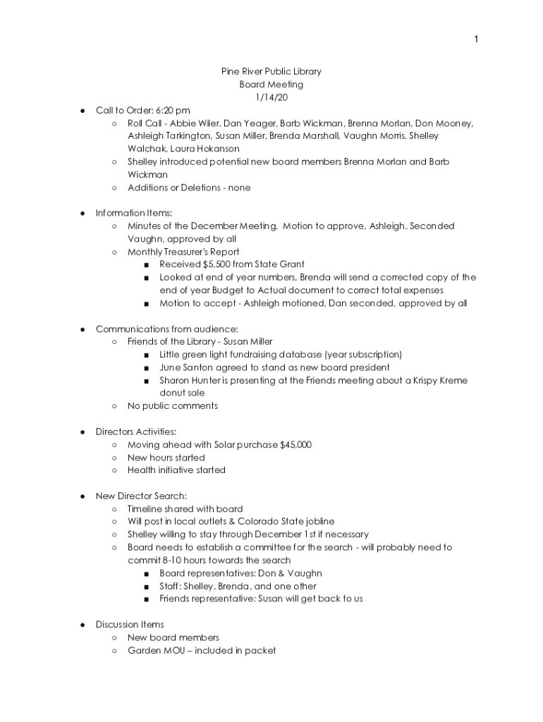 Fillable Online 6:20 pmRoll Call - Abbie Wiler, Dan Yeager, Barb Wickm ...